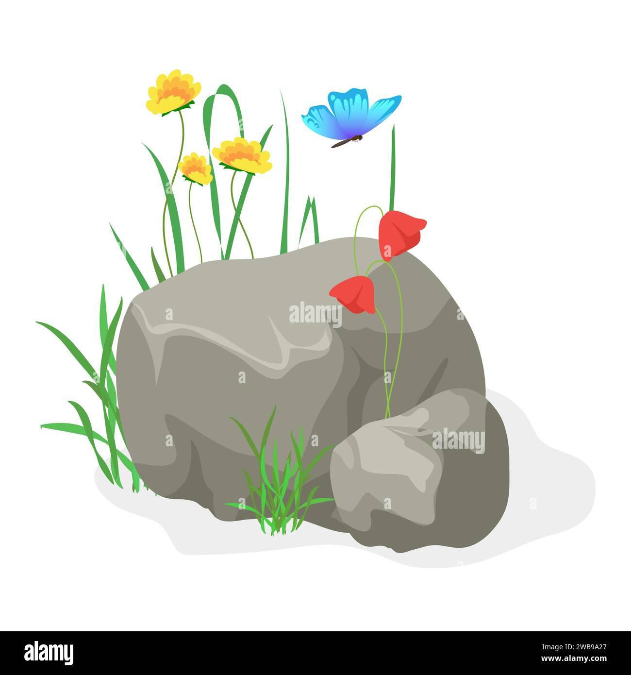 Mountain stone with wild flowers. Landscape design, boulders with ...