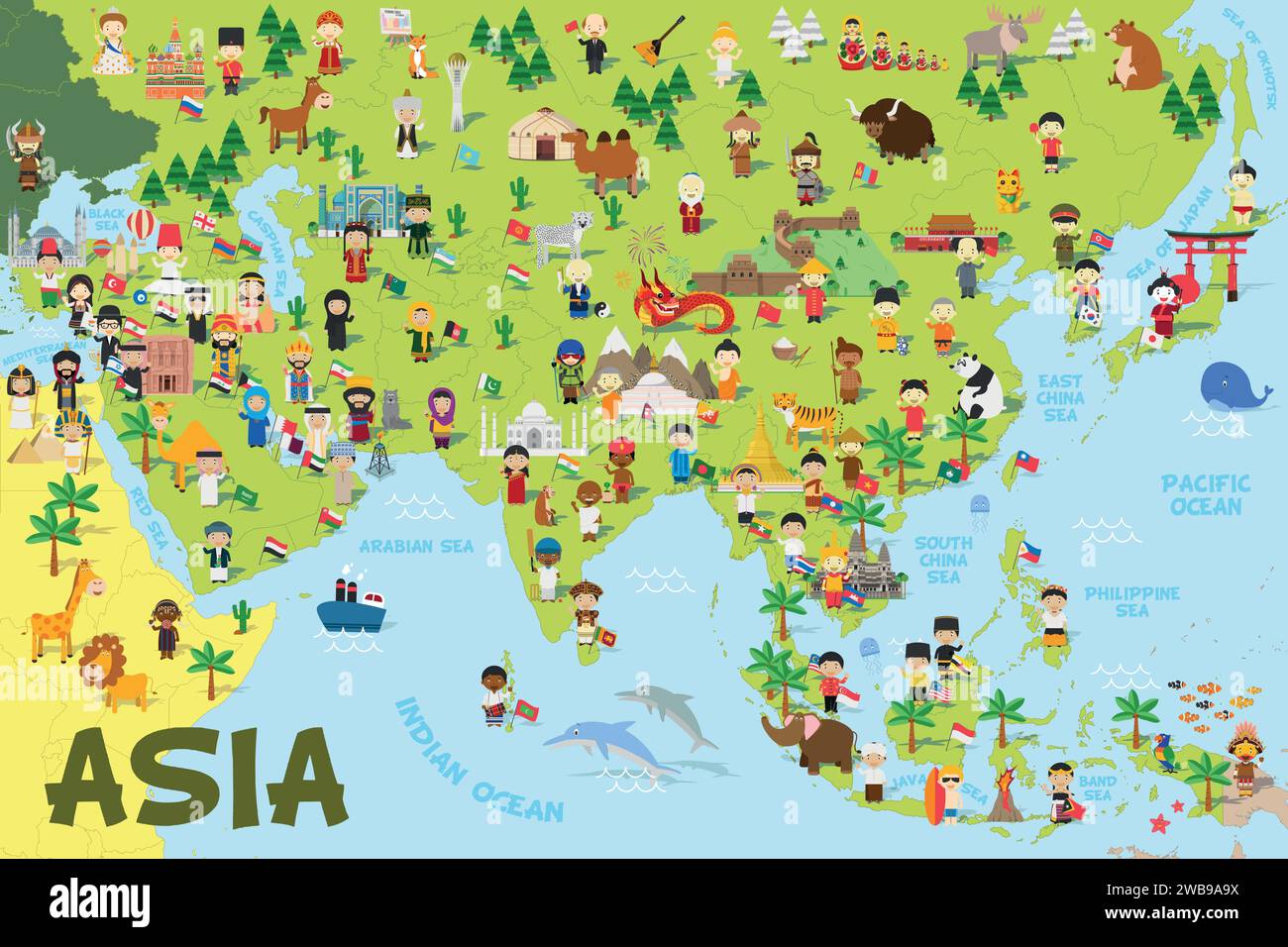Funny cartoon map of Asia with childrens of different nationalities ...
