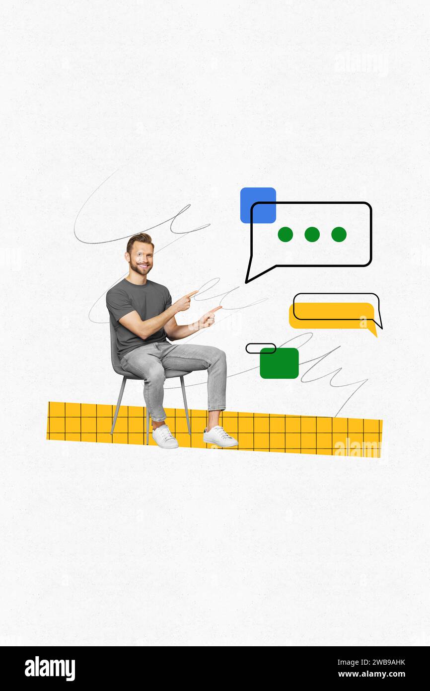 Creative picture vertical collage sitting young smiling guy pointing ... Creative picture vertical collage sitting young smiling guy pointing ...