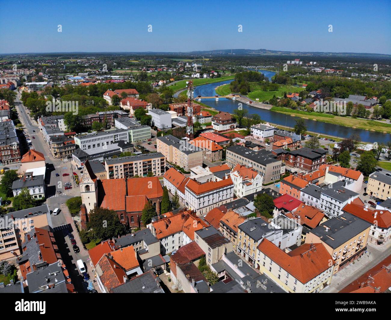 Kedzierzyn-Kozle, city in Poland. Drone aerial view with Odra river ...