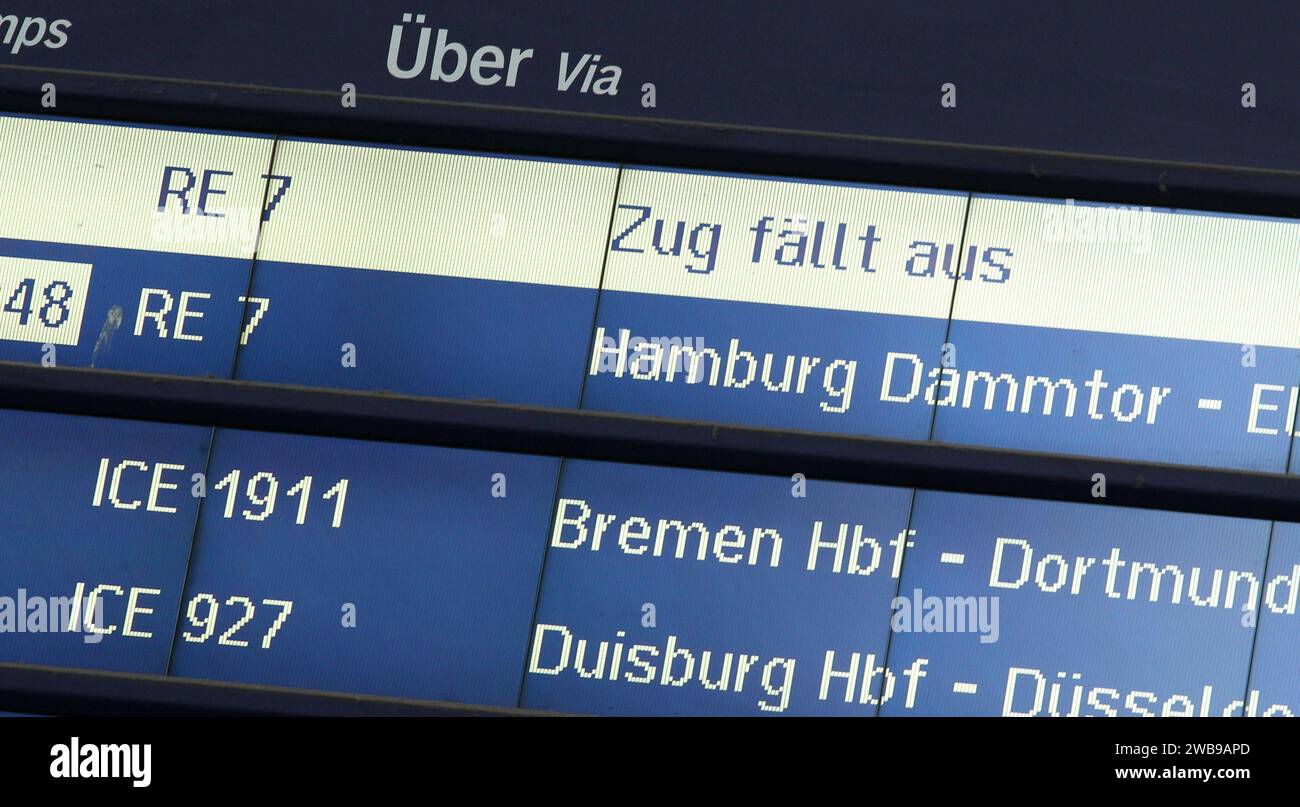 Auf einem Zugzielanzeiger im Hauptbahnhof Hamburg werden Bahnreisende ...