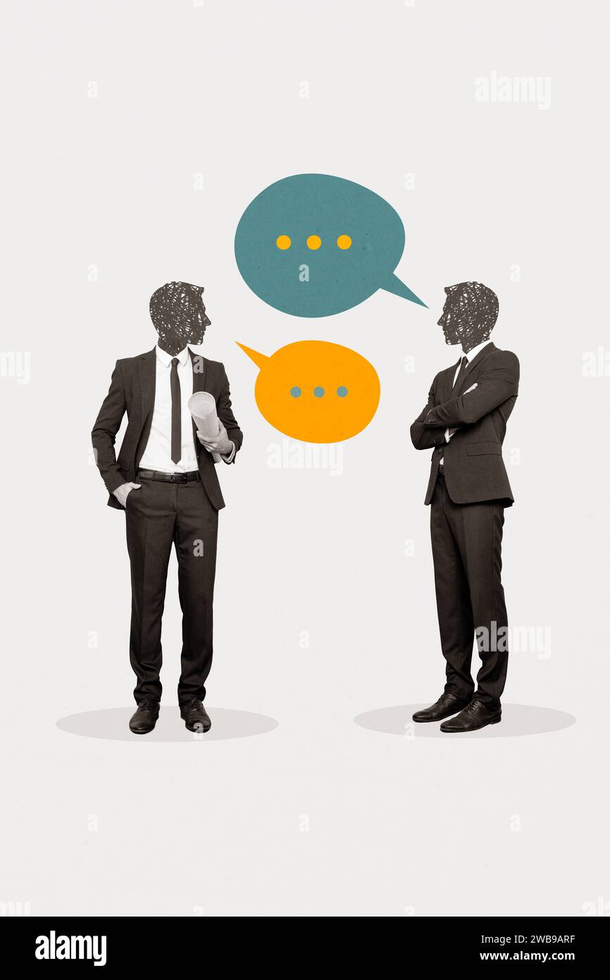 Vertical creative photo collage of two faceless businessmen colleagues ...