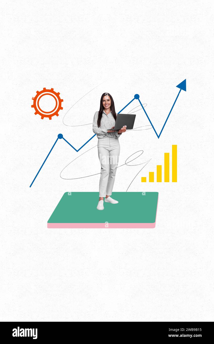 Creative collage picture vertical poster young successful woman progress charts stats income ...