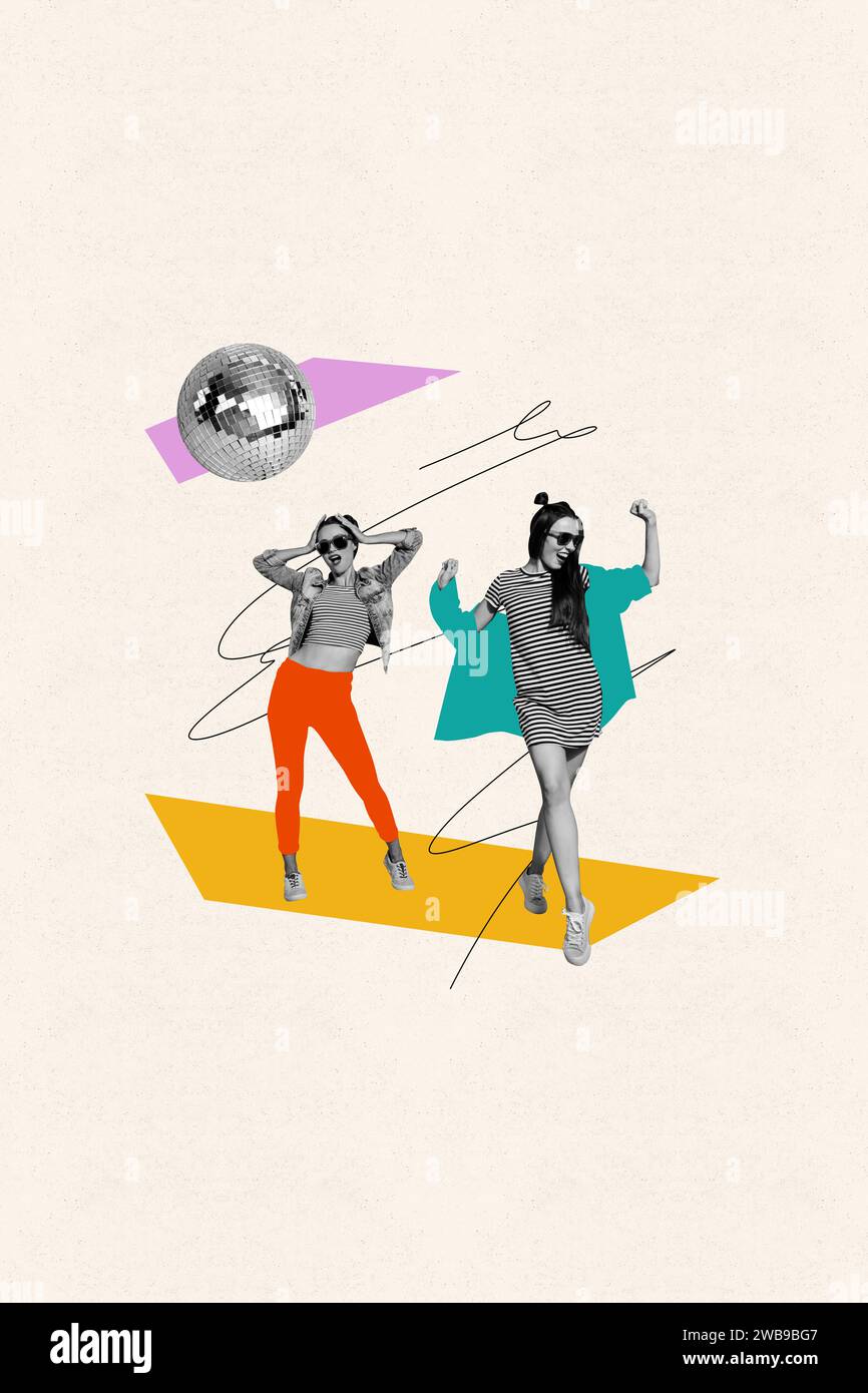 Creative vertical collage young stylish joyful girls dancing party ...