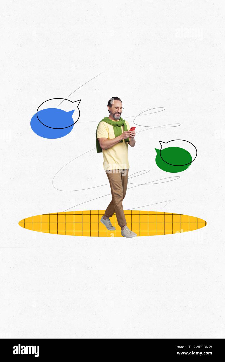 Creative vertical collage banner poster mature happy man walking ...