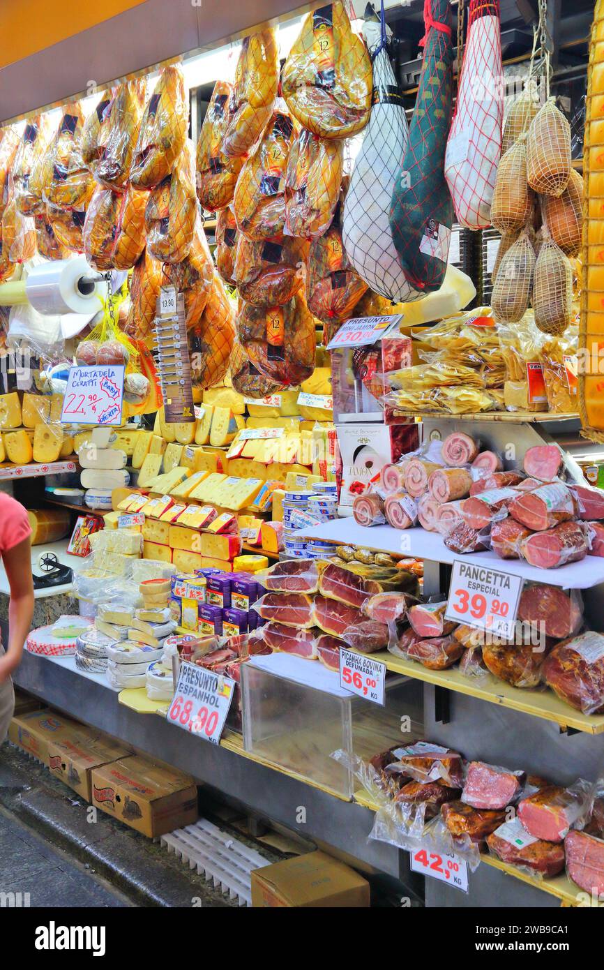 SAO PAULO, BRAZIL - OCTOBER 6, 2014: Cheese and cured meats sold at ...