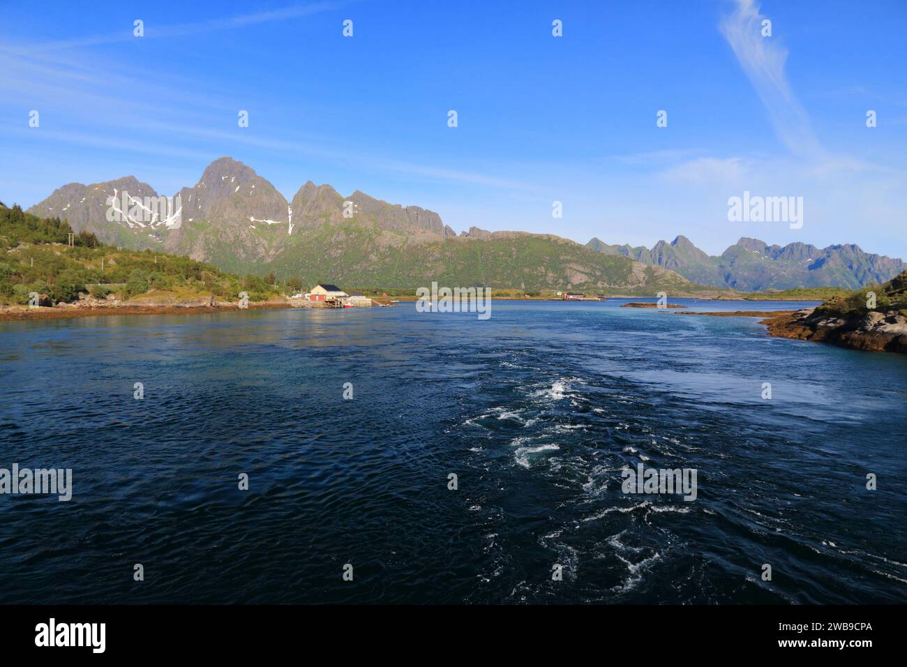 Strong tidal current in Lofoten islands, Norway. Current stream in a ...