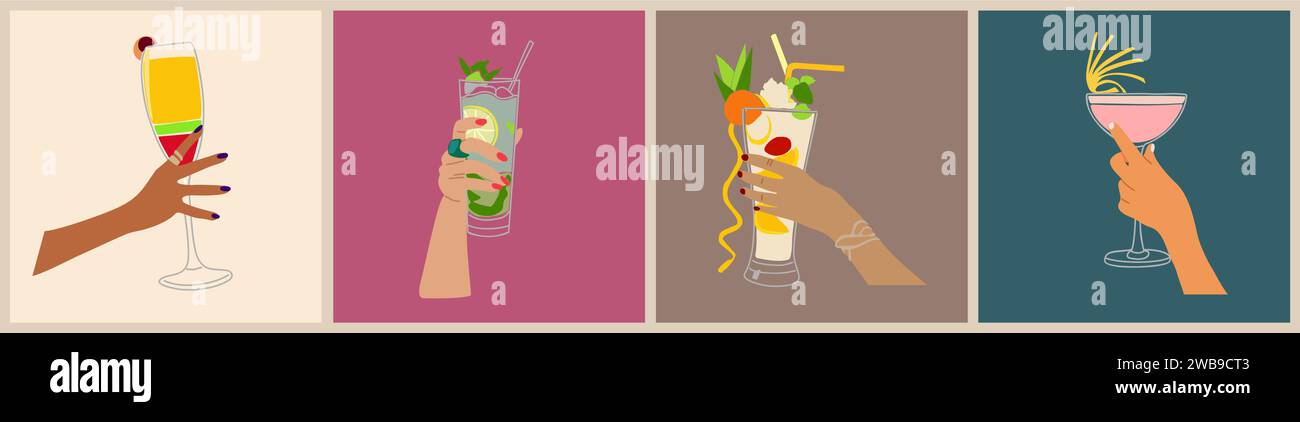 Set of Different hands holding cocktails vector Stock Vector Image ...