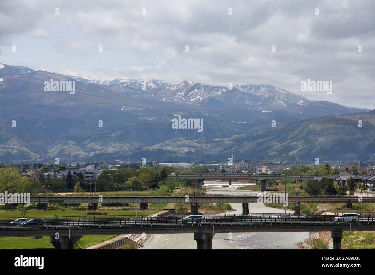 Matsu River bridges (road and railway) in Fukushima, Japan. Azuma ...