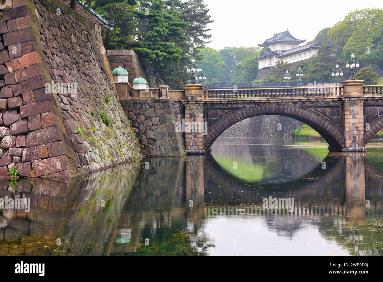 Tokyo landmark, Japan - Imperial Palace gardens and moat bridge Stock ...