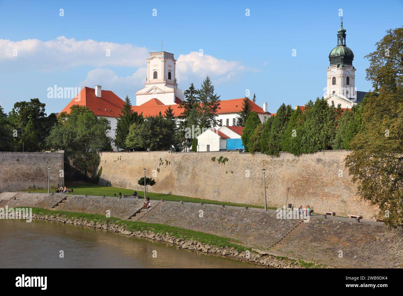 Gyor city, Hungary - Old Town skyline and Raba river embankment with ...