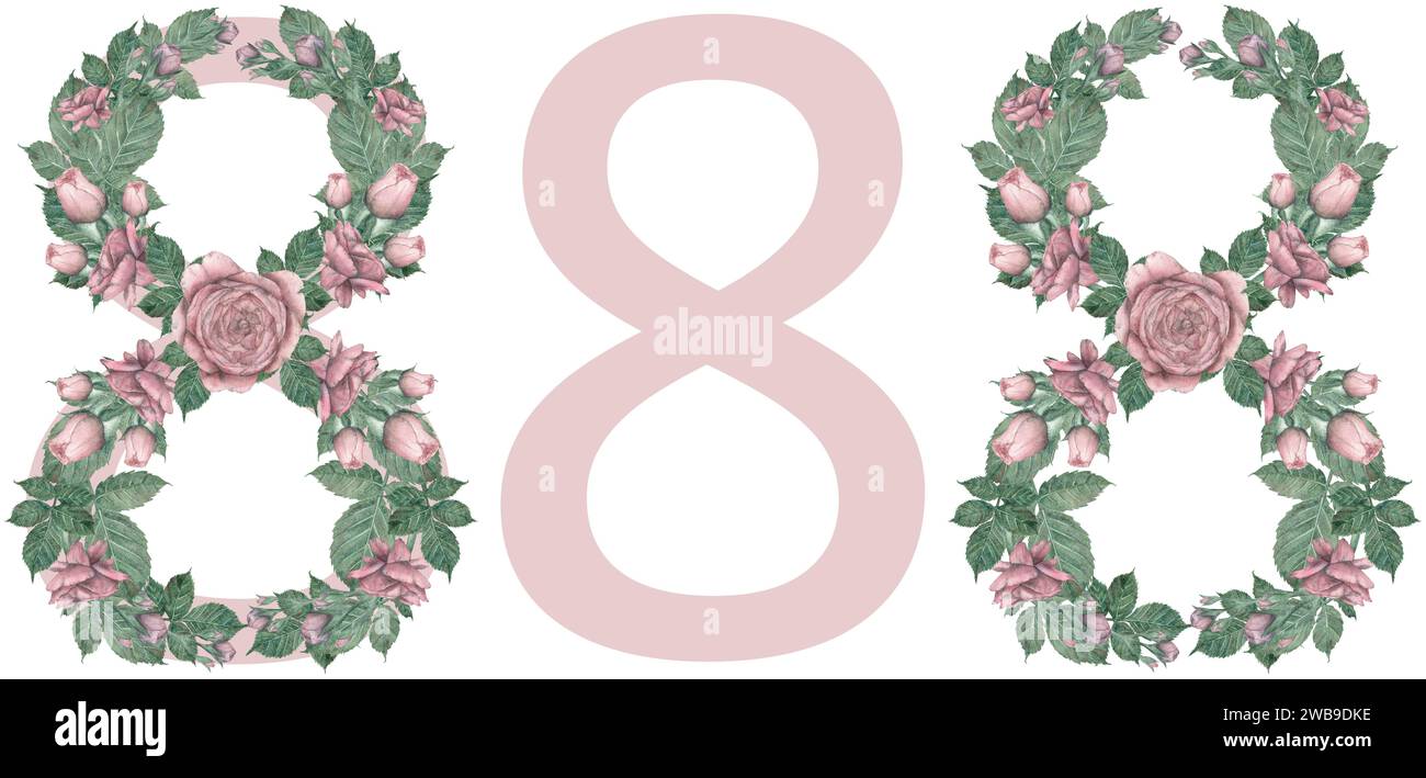 The composition of the number eight is made of pink roses with ...