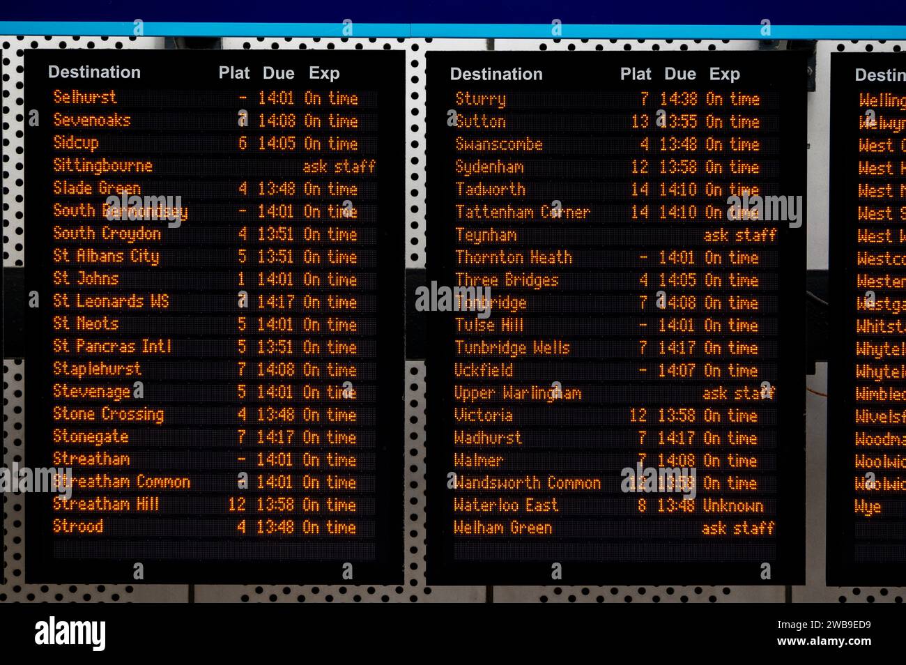 Digital destination display on a railway station platform, London ...