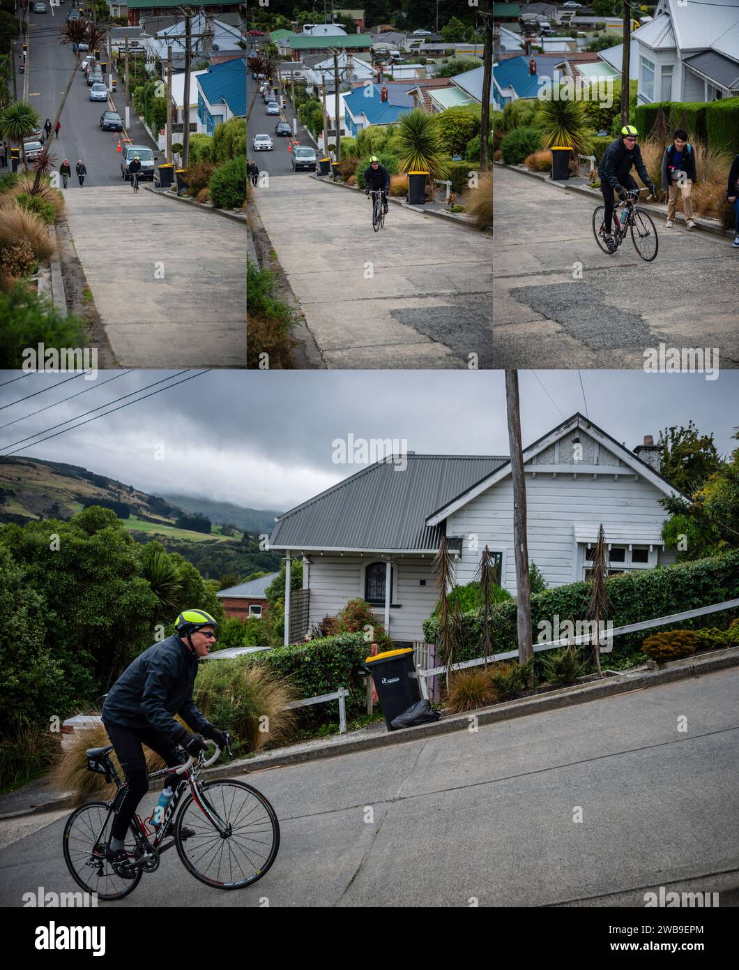 Sequence of pictures showing a male road cyclist battling to ride up ...