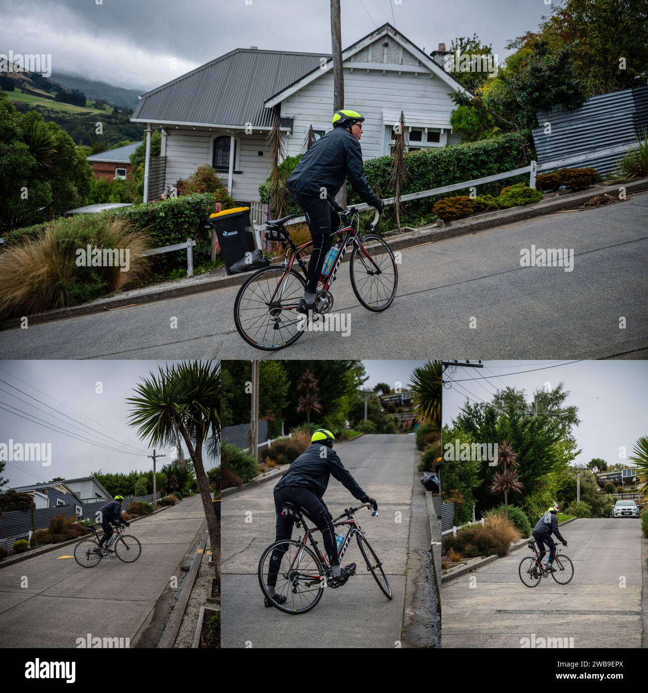 Sequence of pictures showing a male road cyclist battling to ride up ...