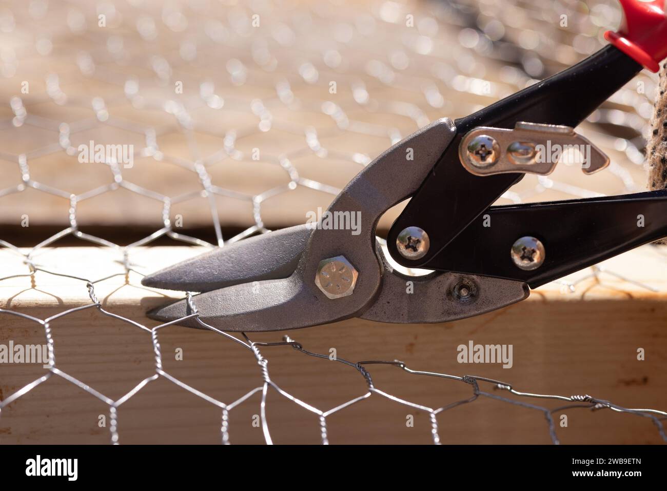Worker cutting metal mesh with using scissors for metal Stock Photo - Alamy