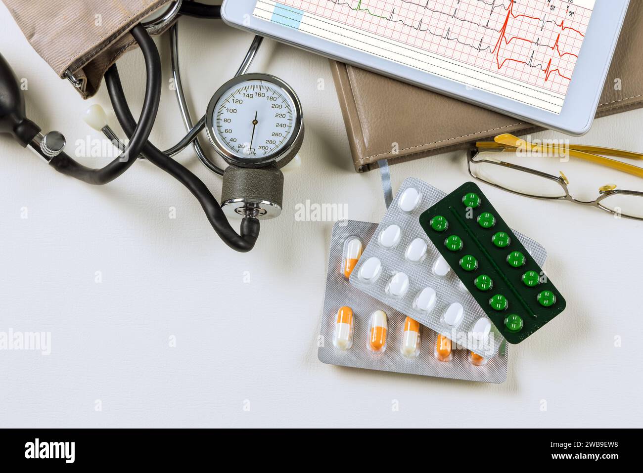 An cardiogram, sphygmomanometer device that measures pressure, to ...