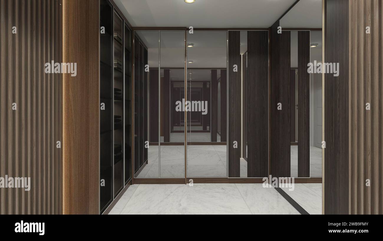 Rustic and Luxury Walk in Closet Design with Wooden and Mirror Cabinet ...