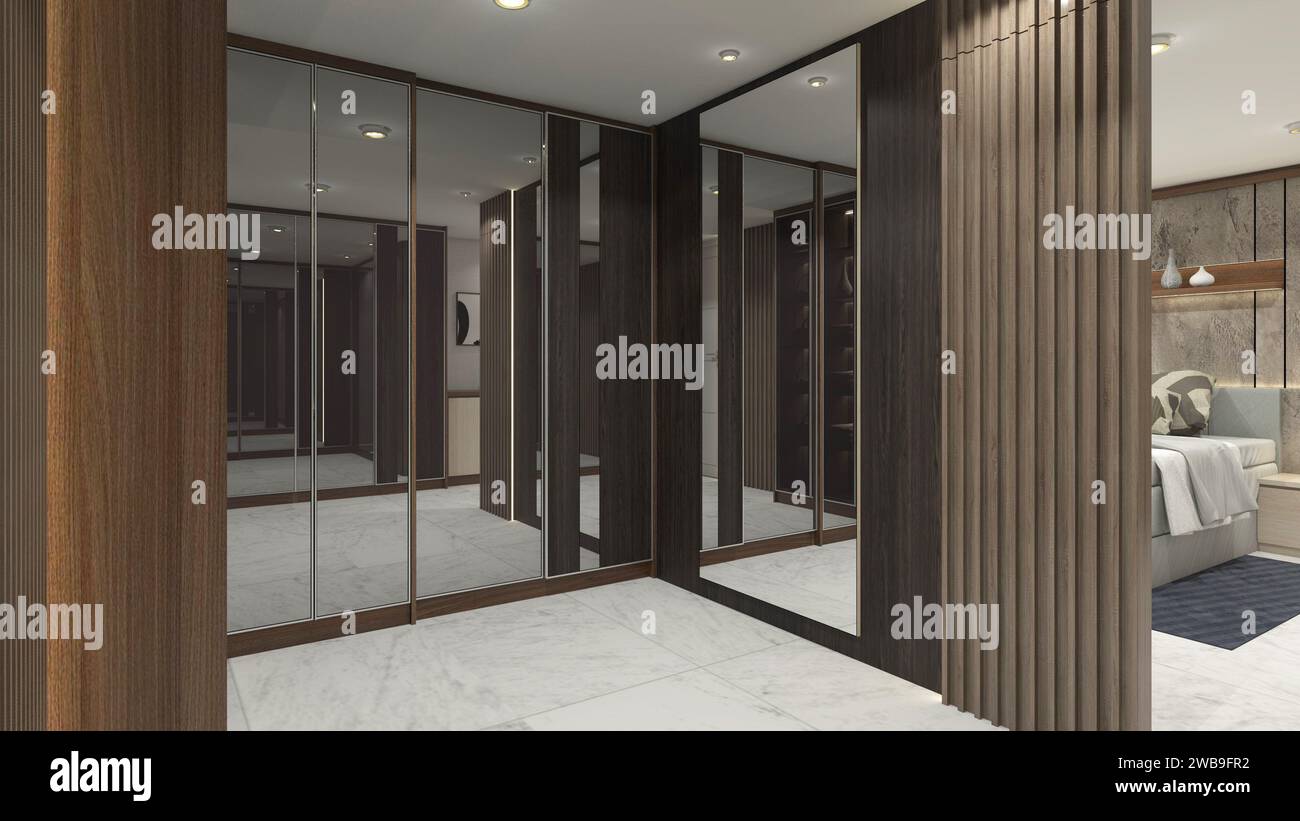 Modern and Luxury Fitting Room Design with Wooden and Mirror Cabinet ...