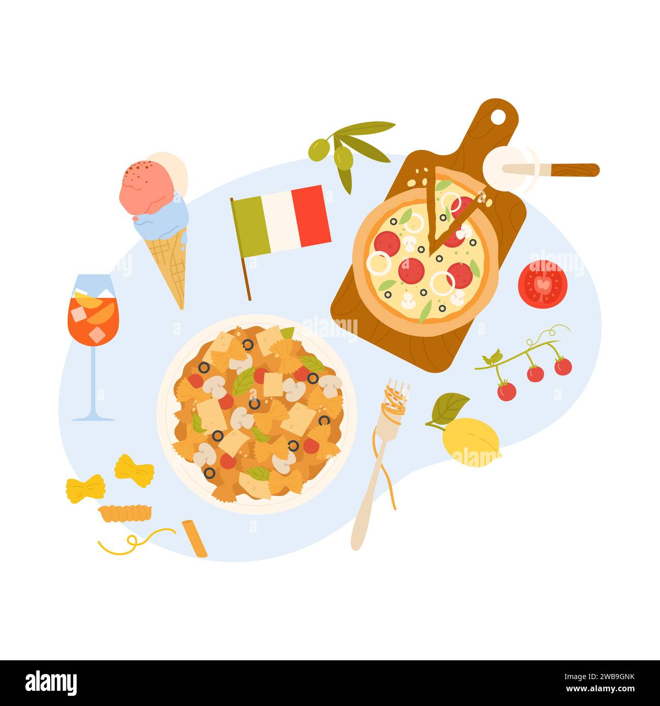 Italian food and drinks symbols. Italian pizza, traditional spaghetti ...