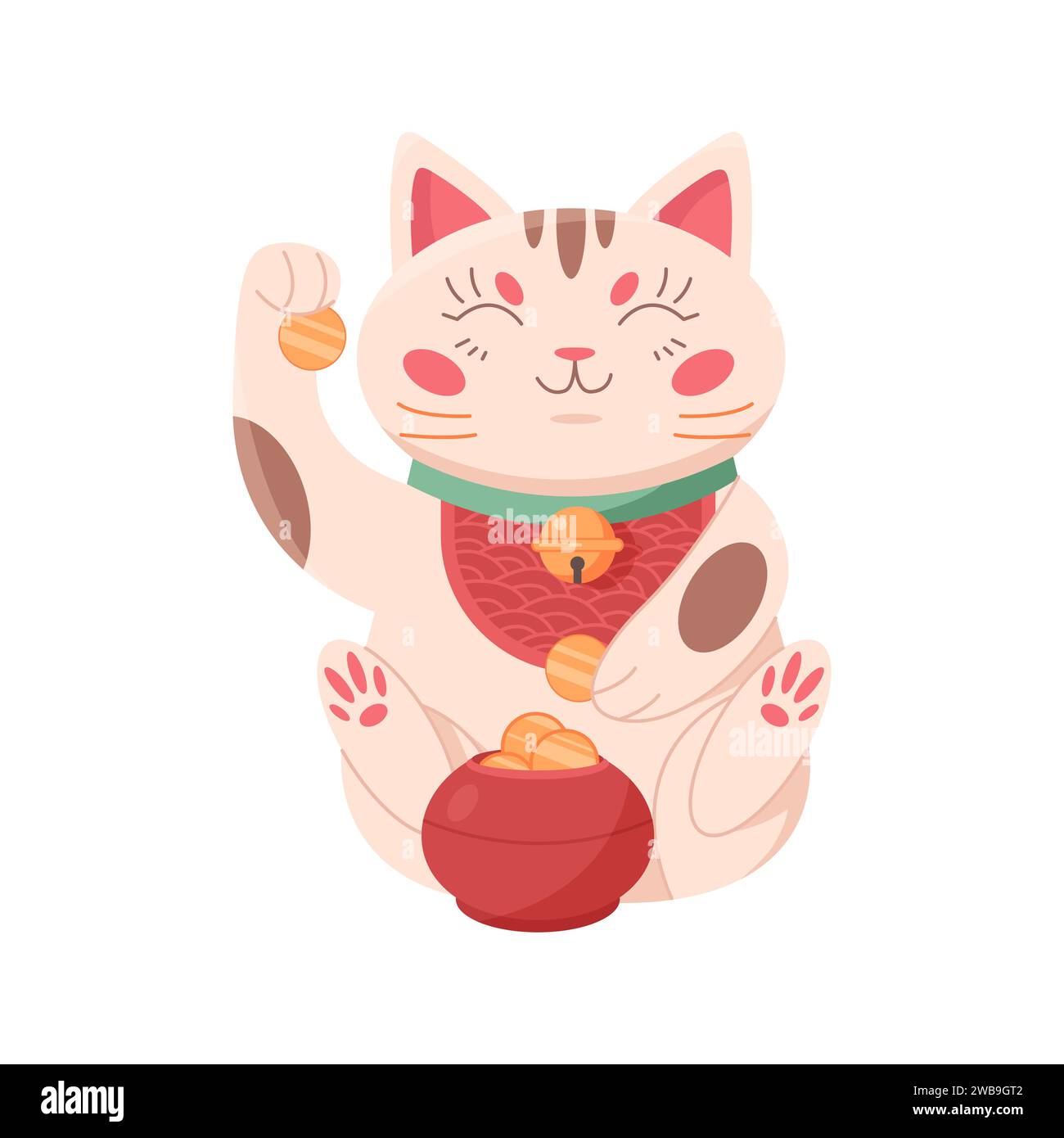 Japanese lucky cat with golden coins. Maneki neko bringing wealth and happiness cartoon vector ...