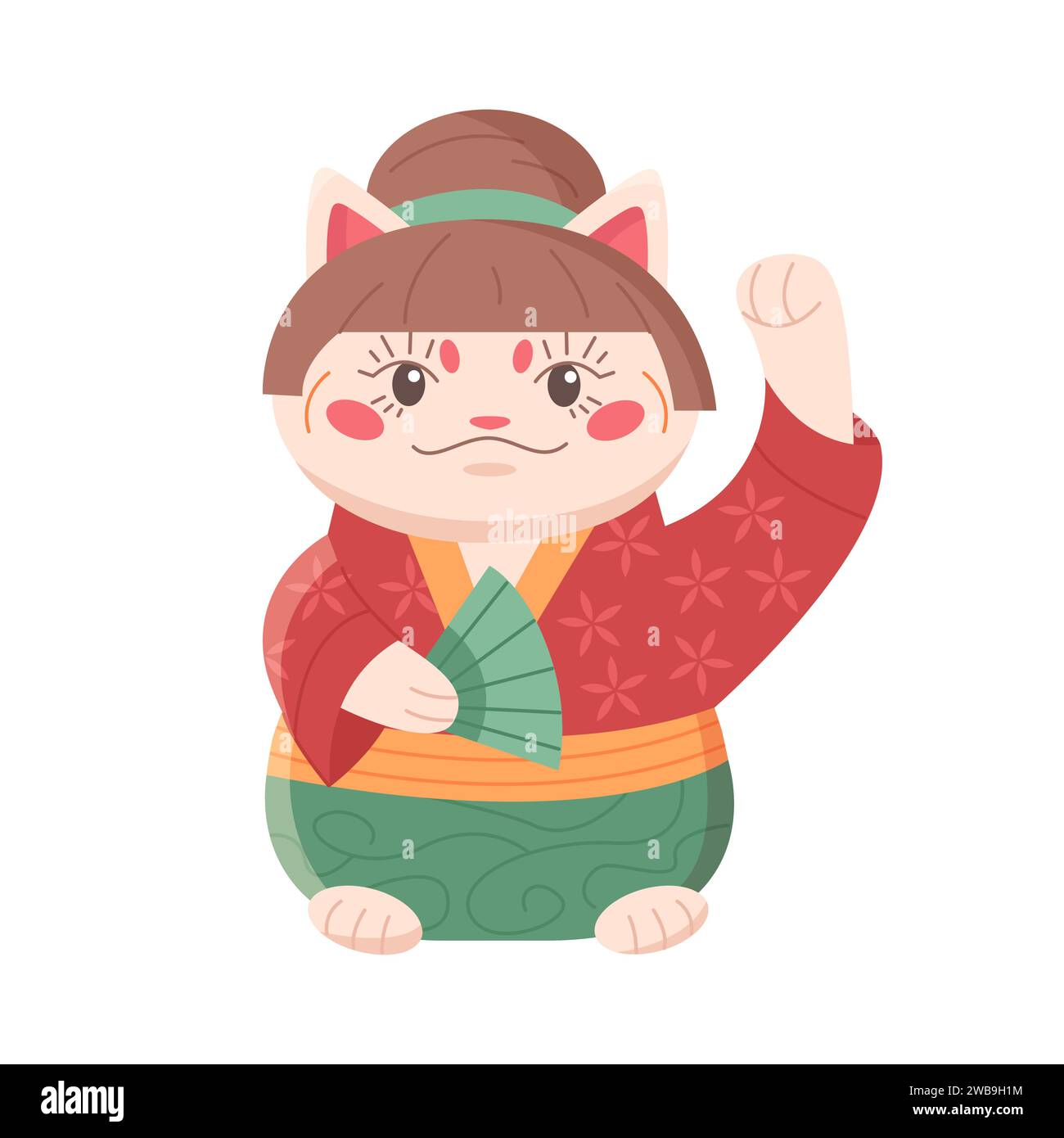 Japanese lucky cat with raised paw. Traditional asian fortune maneki neko cartoon vector ...