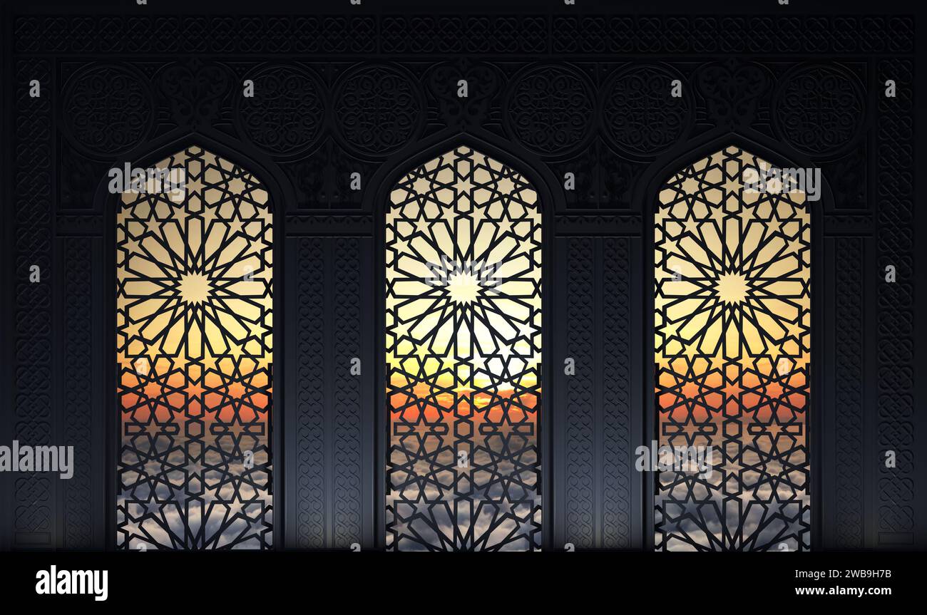 3d illustration. Eastern arch of the mosaic. Carved architecture and ...