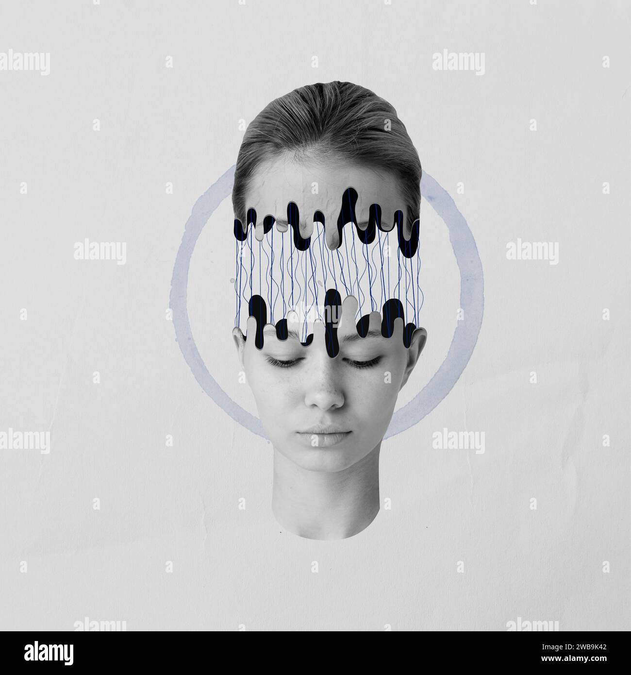 Contemporary art collage. Young woman in black and white filter with ...