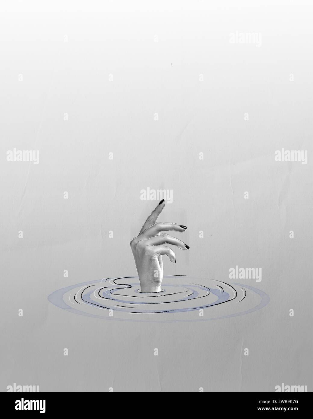 Contemporary art collage. Female hand looks out from sea of tears ...