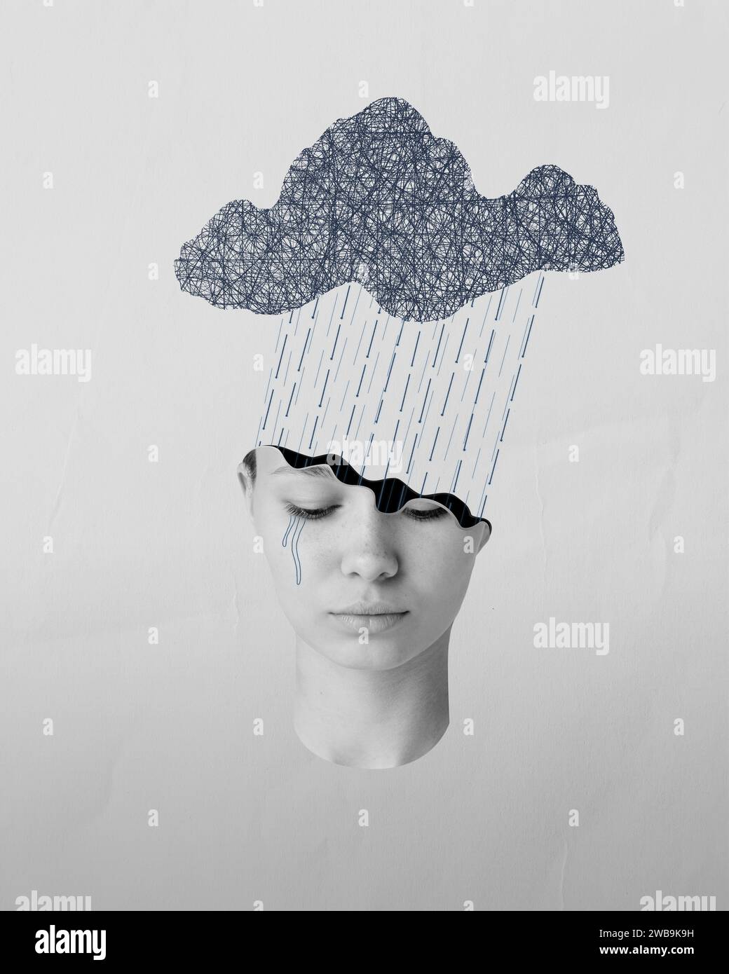 Contemporary art collage. Cloud of bad thoughts rains into the girl's ...