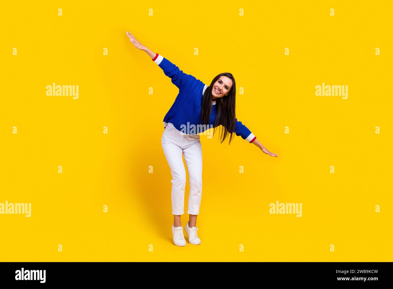 Full body length photo of mature age hispanic lady standing tiptoes ...