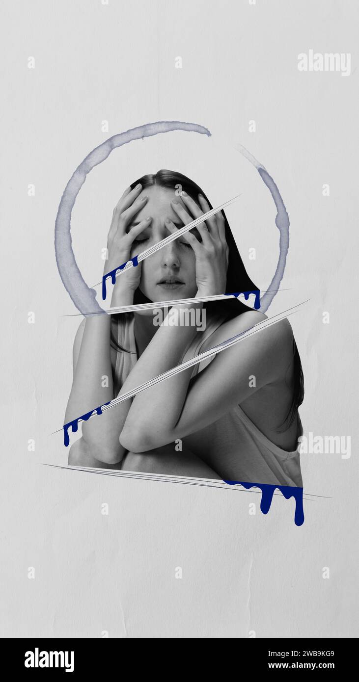 Contemporary art collage. Young girl crying, falling apart from grief ...