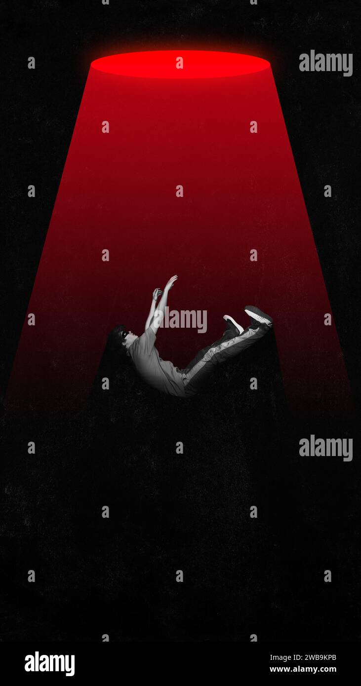 Contemporary art collage. Man falling down from hole of red light ...