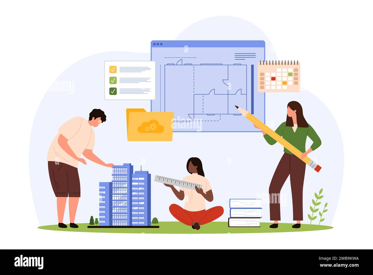 Construction project management, city architecture planning. Tiny people holding big pencil and ...