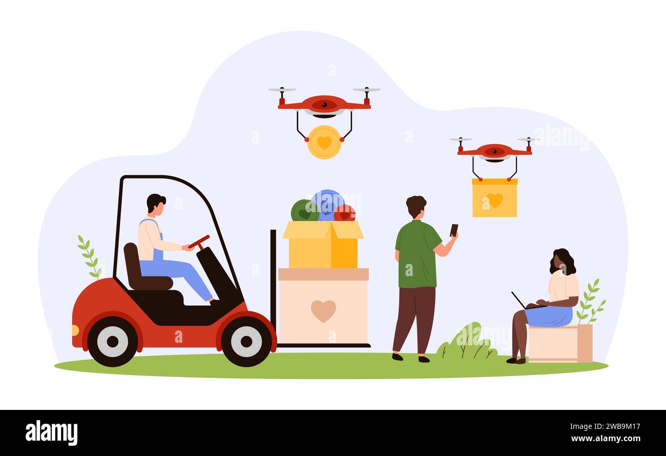 Charity, delivery of humanitarian aid. Tiny volunteer worker on ...