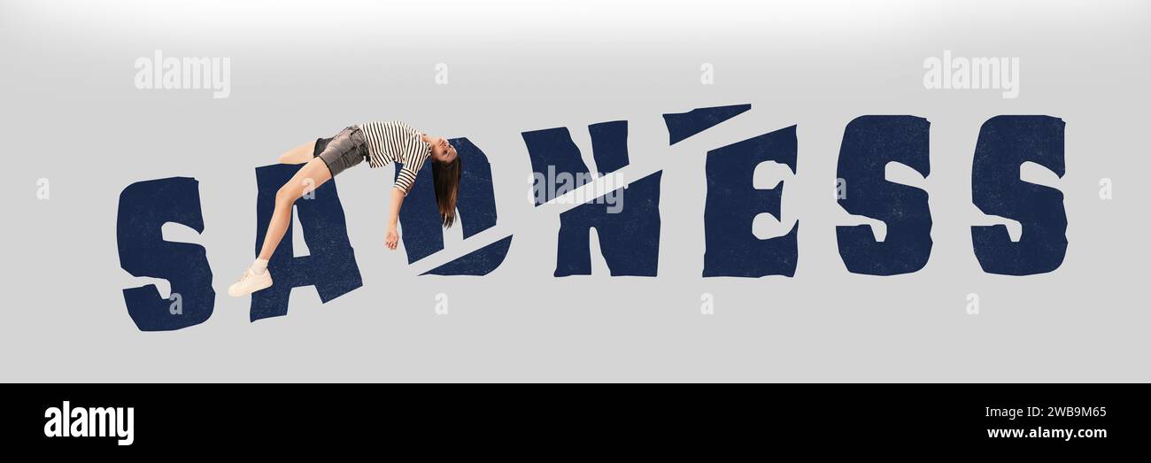 Banner. Contemporary art collage. Tired girl lies on broken word ...