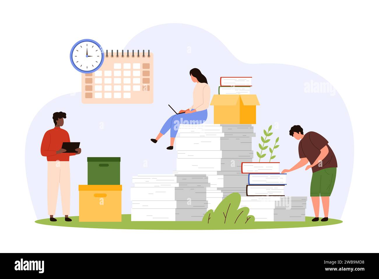 Office paperwork organization and data management. Busy tiny people ...