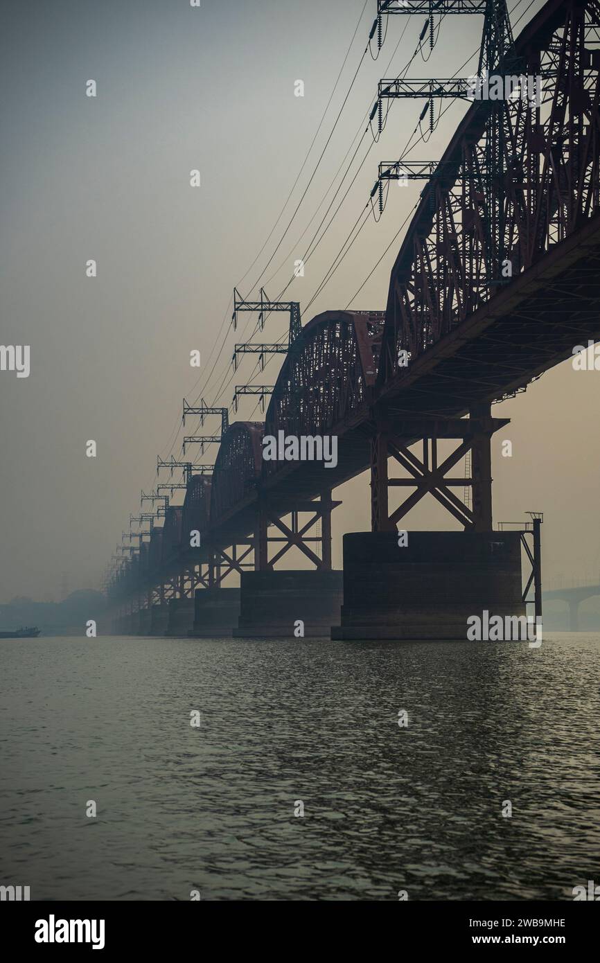 Hardinge Bridge in fog steel railway truss bridge over the Padma River ...