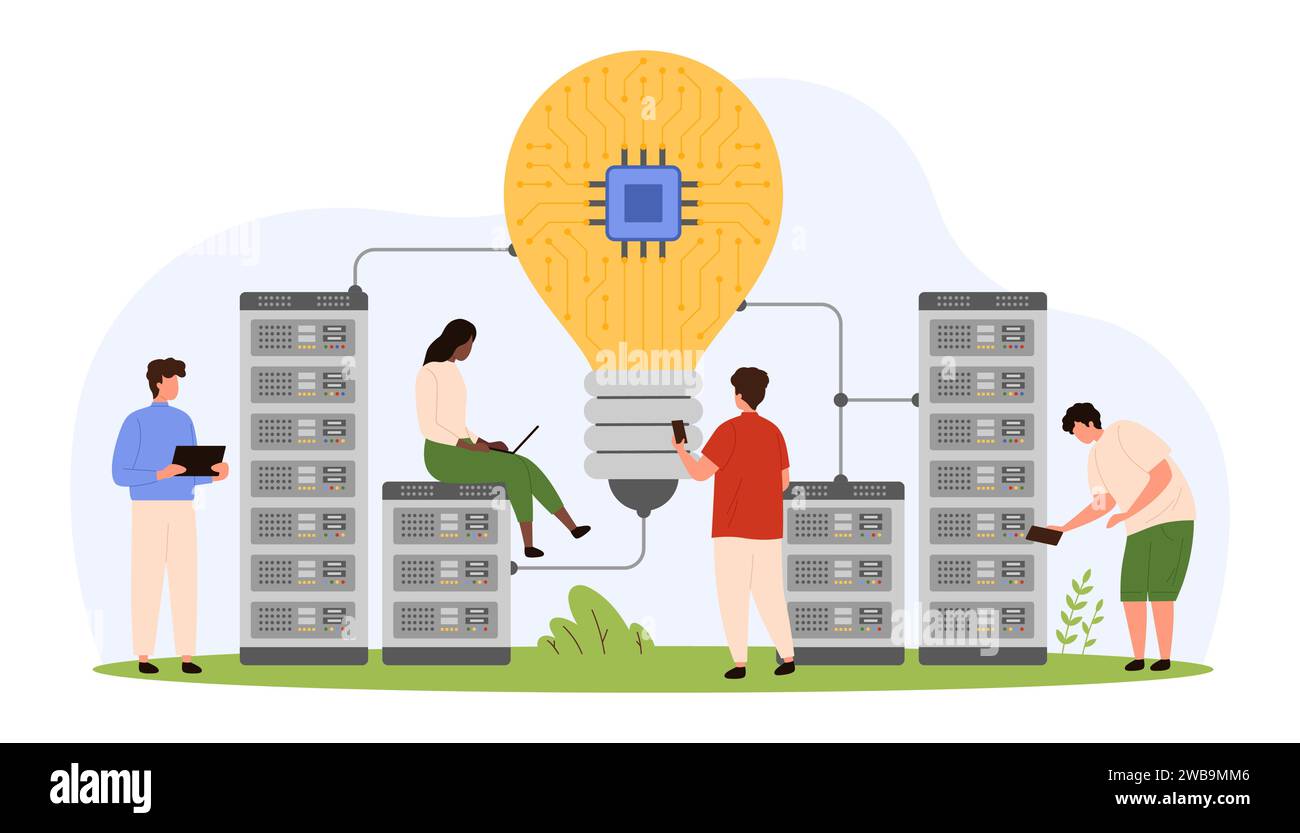 Cloud computing, innovation data technology and management. Tiny people work on technical ...