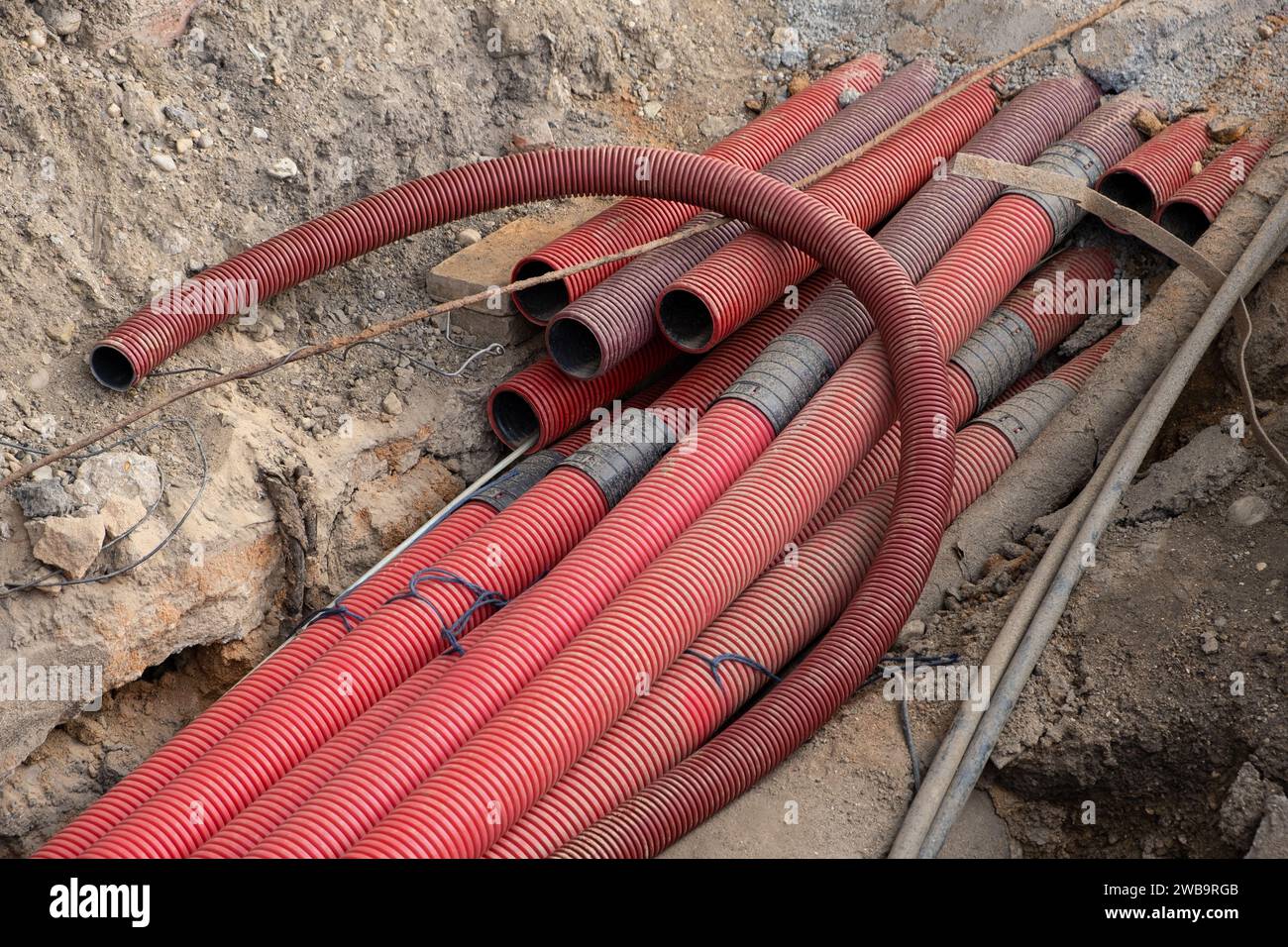 Network cables in red corrugated pipe are buried underground on the ...