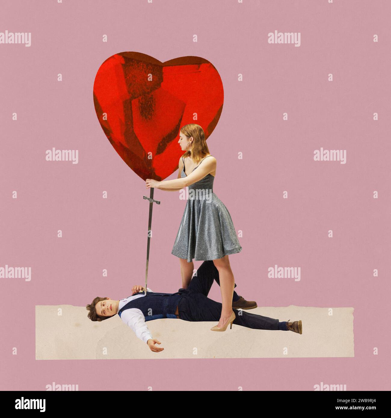 Contemporary art collage. Jealousy. Young woman kills her beloved ...