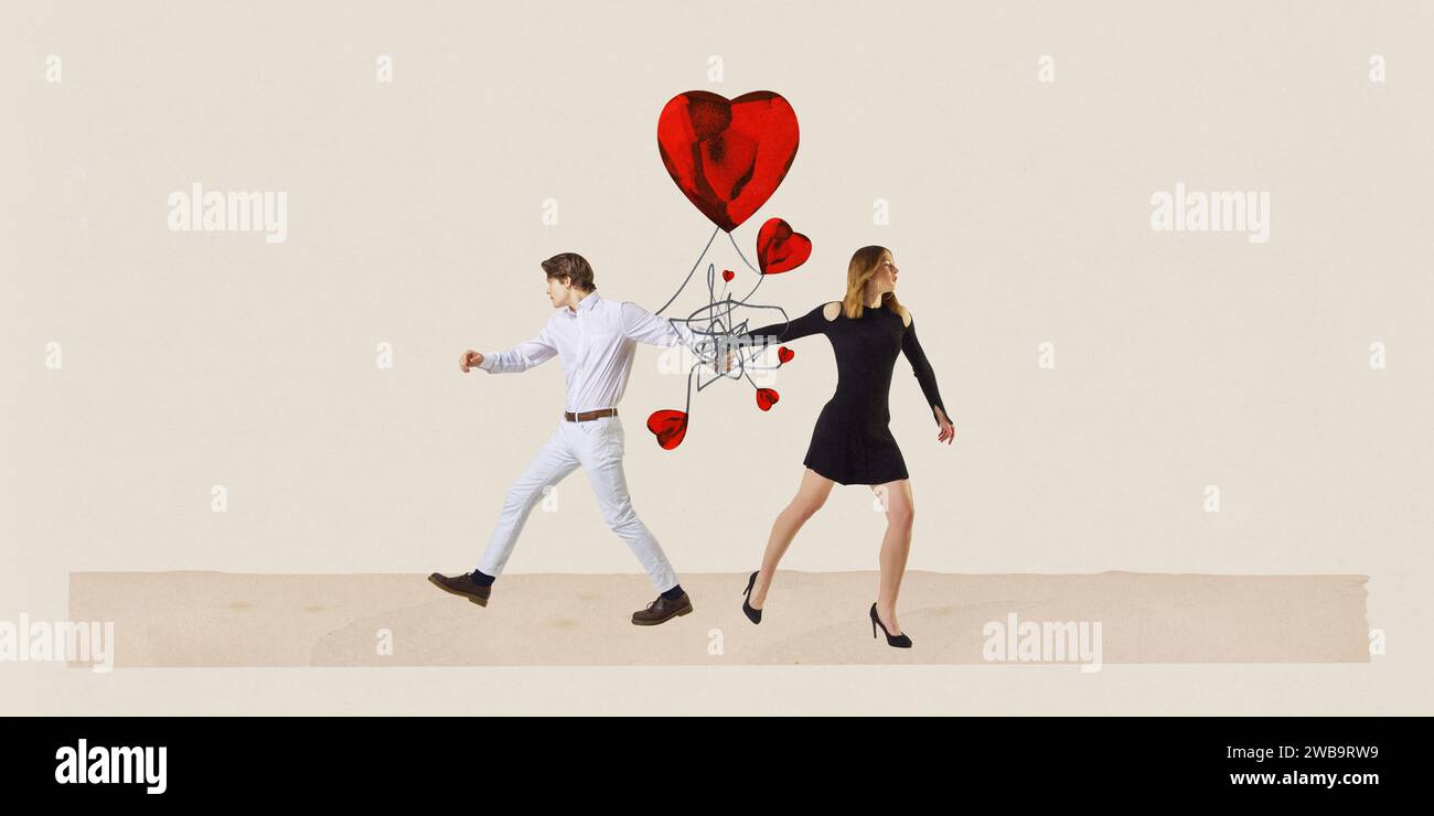Contemporary art collage. Young couple trying to go in different ...