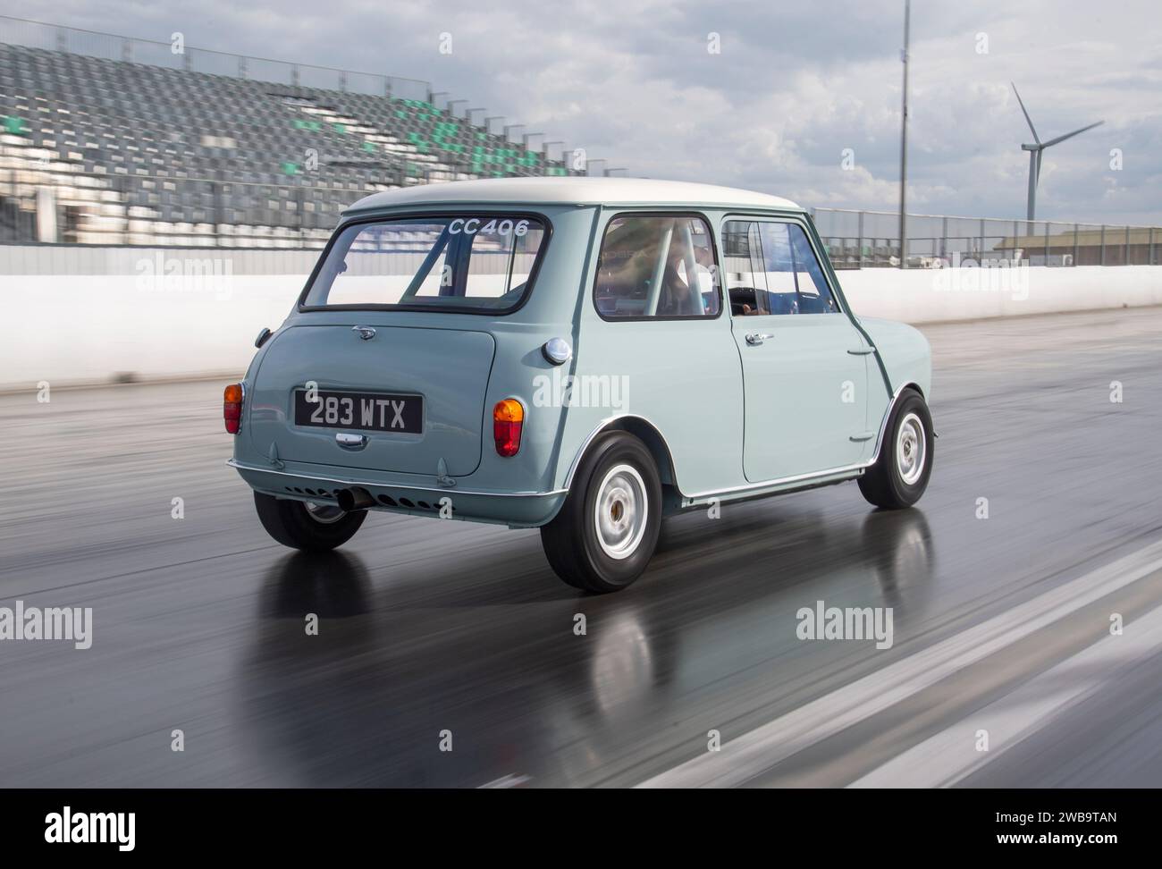 Mk1 Mini classic car set up for drag racing, on the strip at Santa Pod ...
