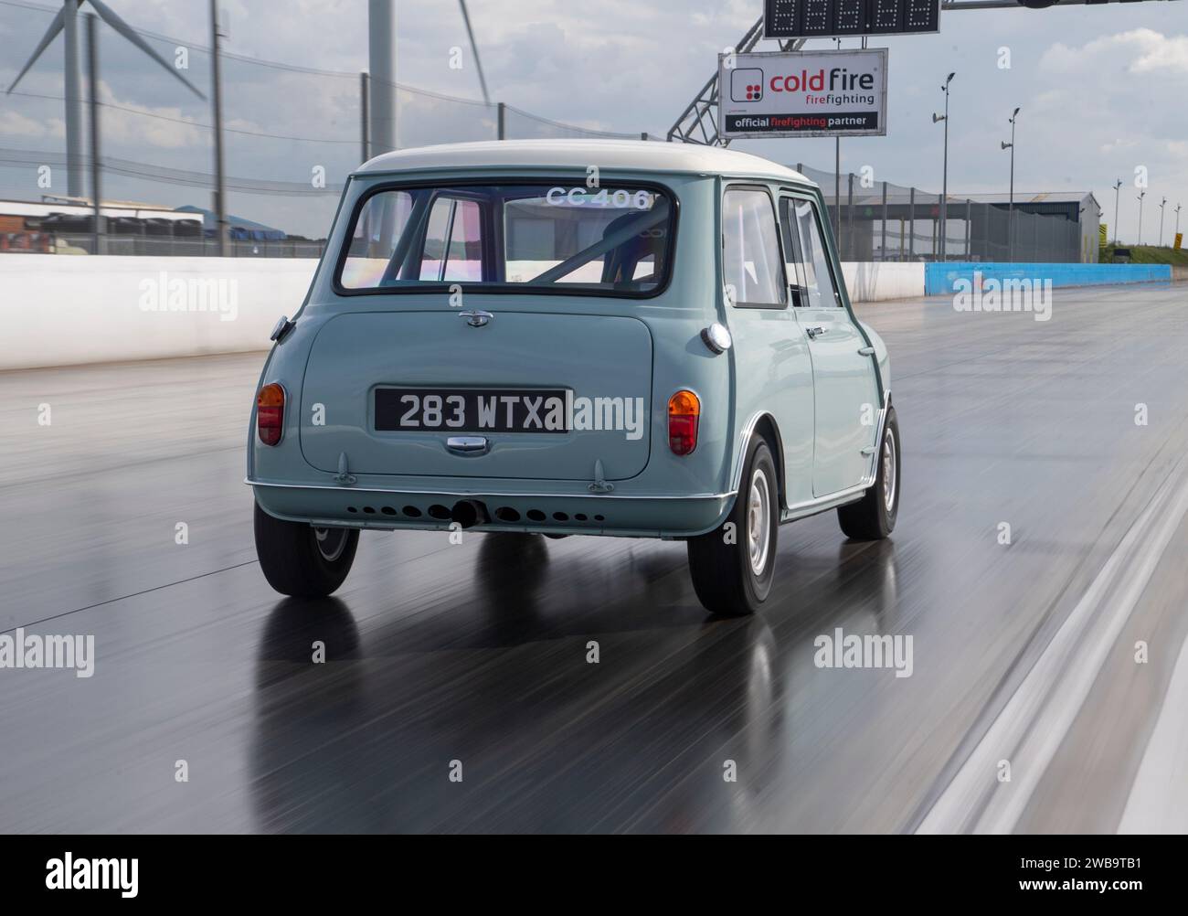 Mk1 Mini classic car set up for drag racing, on the strip at Santa Pod ...