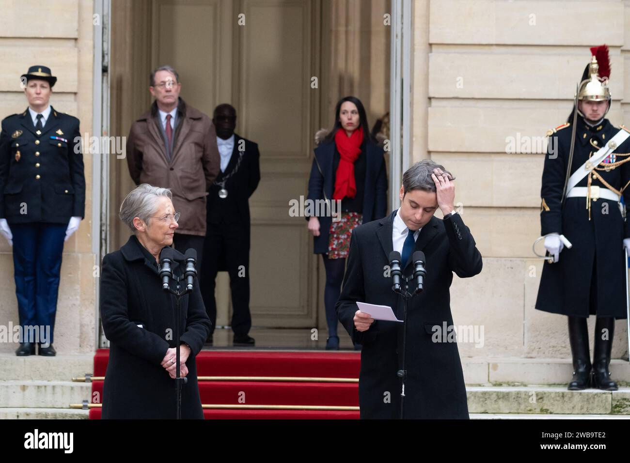 French outgoing Prime Minister Elisabeth Borne and her successor former ...
