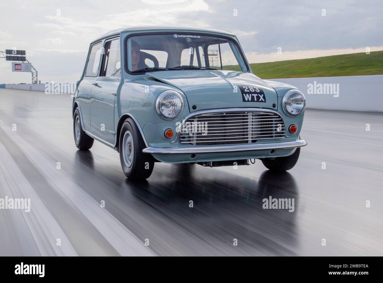 Mk1 Mini classic car set up for drag racing, on the strip at Santa Pod ...