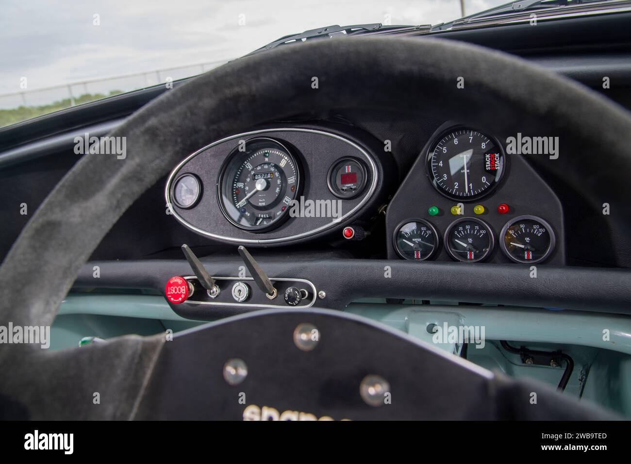 Mk1 Mini classic car set up for drag racing, on the strip at Santa Pod ...