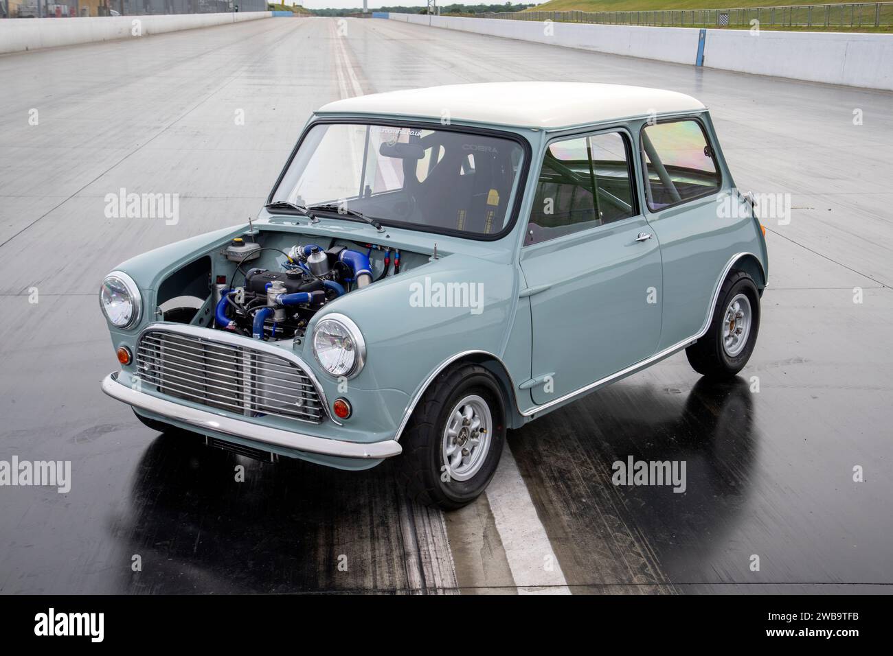 Mk1 Mini classic car set up for drag racing, on the strip at Santa Pod ...