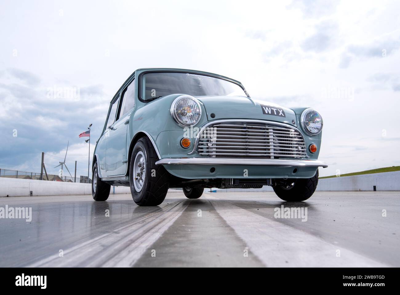 Mk1 Mini classic car set up for drag racing, on the strip at Santa Pod ...