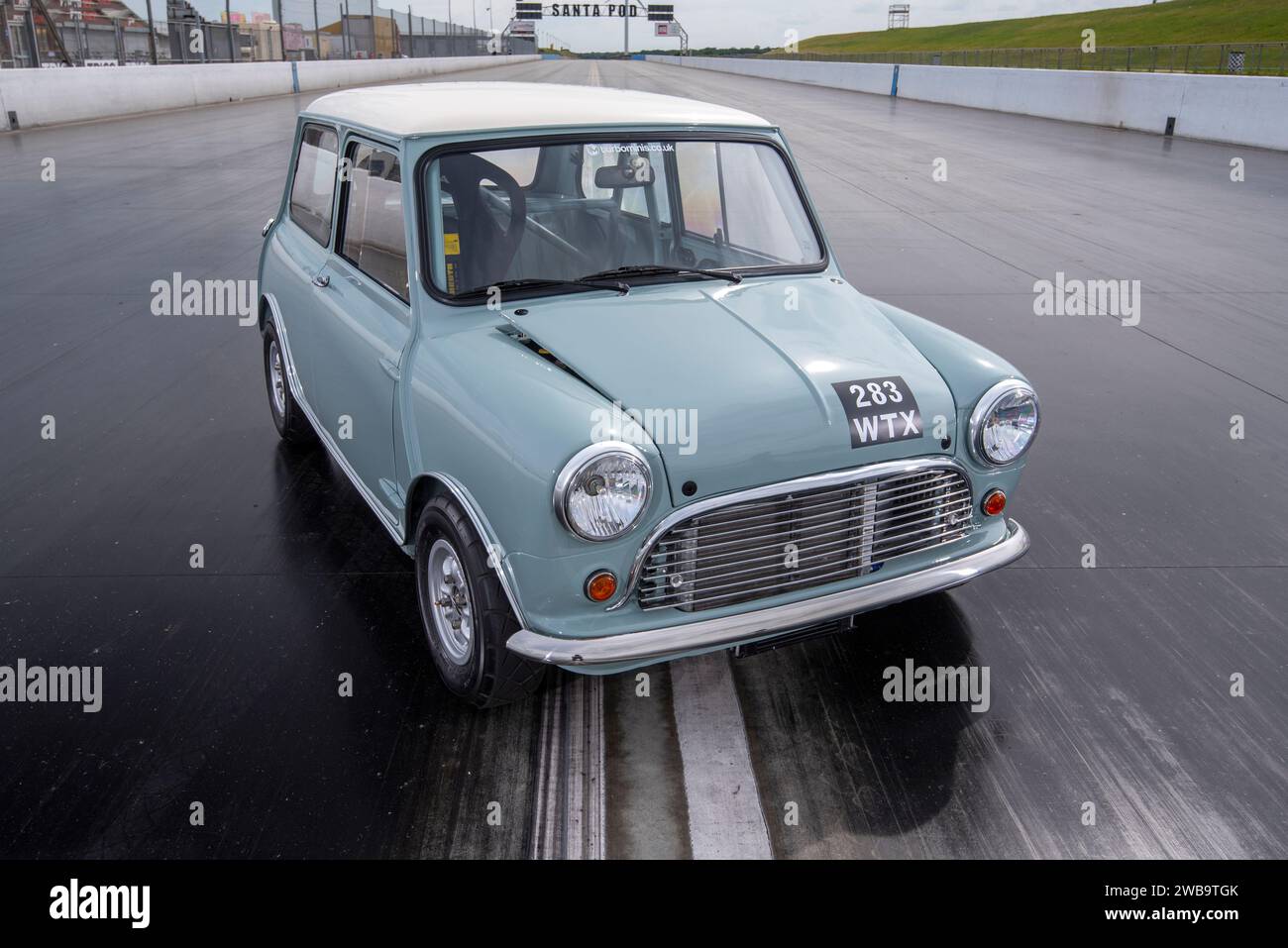 Mk1 Mini classic car set up for drag racing, on the strip at Santa Pod ...